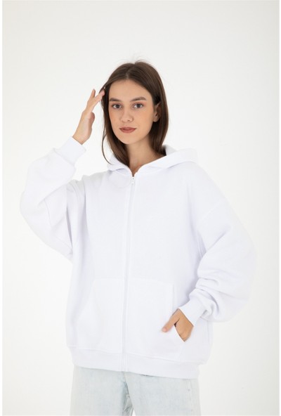 Haller Beyaz Fermuarlı Oversize Kapüşonlu Sweatshirt