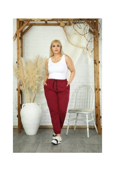 Butik Şımarık Kadın Bordo Beli Lastikli Cepli Büyük Beden Eşofman Altı Pamuklu Kumaş