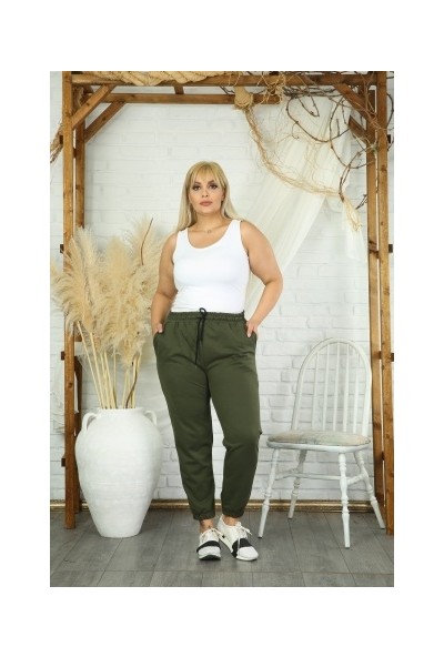 Butik Şımarık Kadın Haki Beli Lastikli Cepli Büyük Beden Eşofman Altı Pamuklu Kumaş