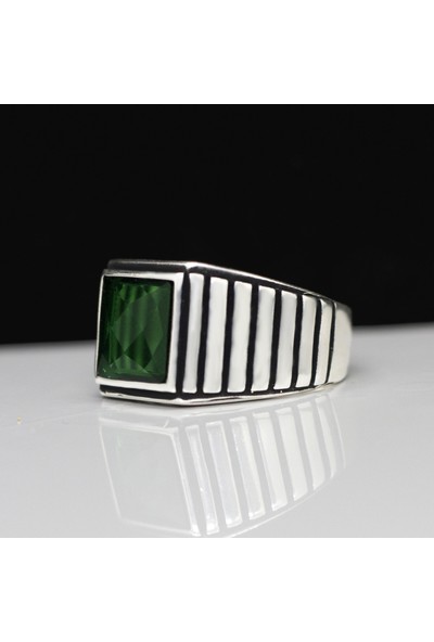 Taja925 Zirkon Yeşil Taşlı Erkek Gümüş Yüzük