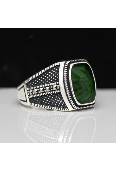 Taja925 Yeşil Zirkon Taşlı Erkek Gümüş Yüzük