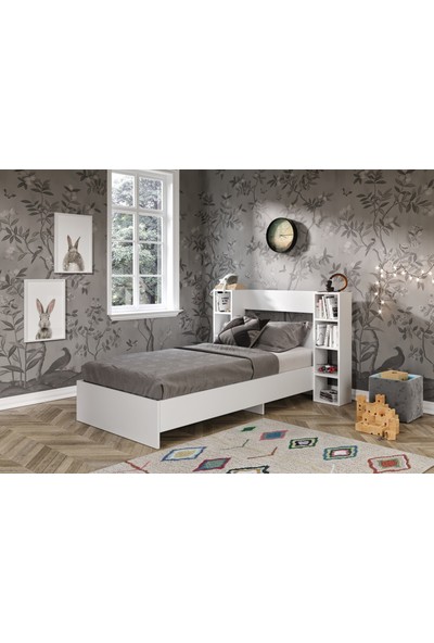 Kzn Home Vega 8 Raflı Kitaplıklı Beyaz Mdf Karyola - 90X190 Yatak Alanı