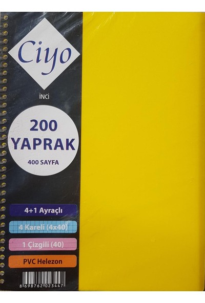 Ciyo 200 Yp 400 Sayfa 4+1 Ayraçlı A4 Spiralli Defter Pvc Helezon 4 Kareli ( 4X40) 1 Çizgili (40) Ciyo 200 Yp 400 Sayfa 4+1 Ayraçlı A4 Spiralli Defter Pvc Helezon 4 Kareli ( 4X40) 1 Çizgili (40)