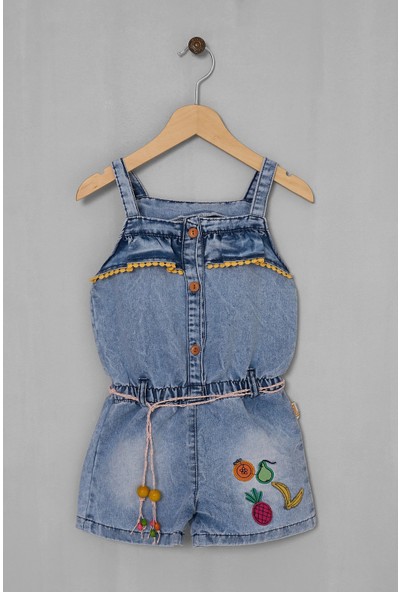 Zepkids Kız Çocuk Tulum Meyve Nakışlı Kot 2-5 Yaş Mavi