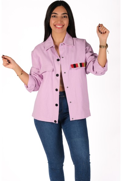 Modes Butik Cep Detaylı Pembe Kot Ceket