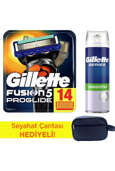 Gillette Fusion Proglide 14 Adet Yedek Tıraş Bıçağı+ 250 ml Gillette Köpük + Çanta Gillette Fusion Proglide 14 Adet Yedek Tıraş Bıçağı+ 250 ml Gillette Köpük + Çanta