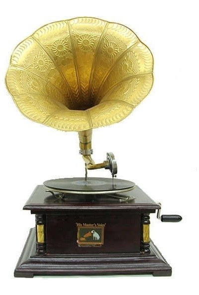 Otantik Çarşı Ahşap Kare Gramofon Sarı Metal Süslemeli