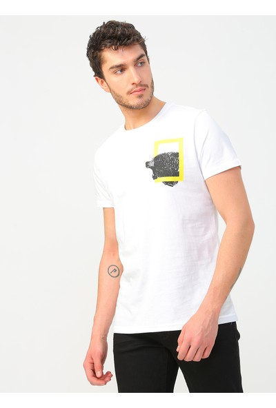 National Geographic Erkek Beyaz Bisiklet Yaka T-Shirt