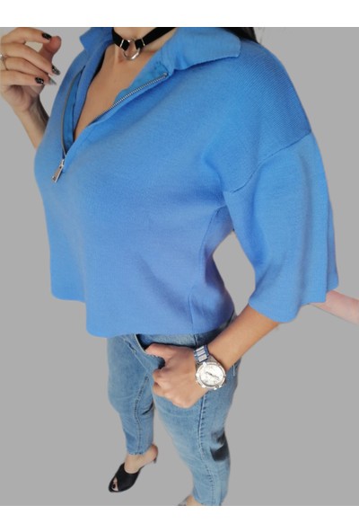 Pırıltı Kadın Buz Mavi Fermuarlı Polo Yaka Crop Triko Kazak PRB001BMT