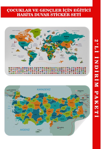 Harita Sepeti Eğitici - Öğretici Dünya ve Türkiye Haritası Çocuk Odası Duvar Sticker I 3887 Harita Sepeti Eğitici - Öğretici Dünya ve Türkiye Haritası Çocuk Odası Duvar Sticker I 3887