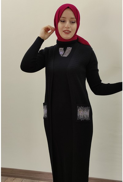 Dival Tesettür Taş Detaylı Triko Yelekli Takım