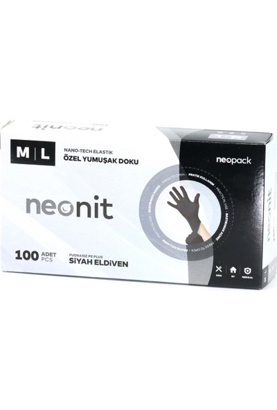 Neopack Hibrit Siyah Eldiven Orta Büyük M-L 100'lü Neopack Hibrit Siyah Eldiven Orta Büyük M-L 100'lü