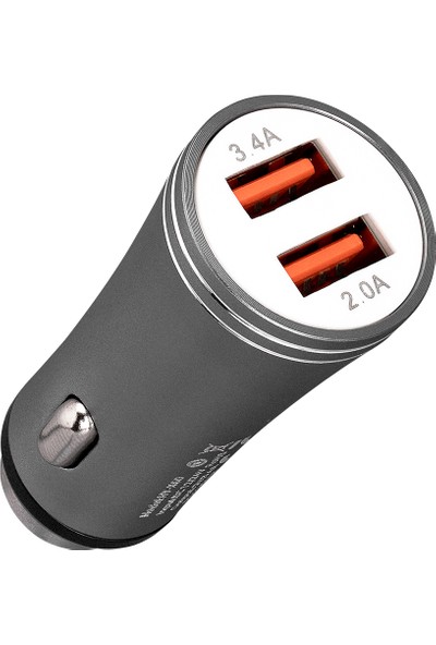 Hytech HY-X60 3.4A Hızlı Şarj 2 USB Gri Metal Araç Şarj Cihazı