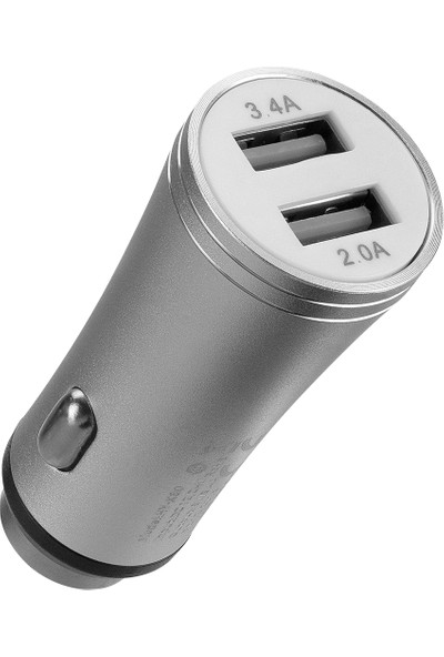 Hytech HY-X60 3.4A Hızlı Şarj 2 USB Gümüş Metal Araç Şarj Cihazı Hytech HY-X60 3.4A Hızlı Şarj 2 USB Gümüş Metal Araç Şarj Cihazı