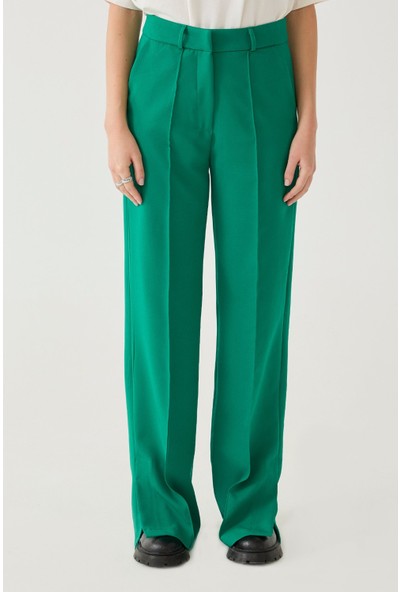 Suud Collection Yeşil Yırtmaç Detaylı Akrilik Pantolon