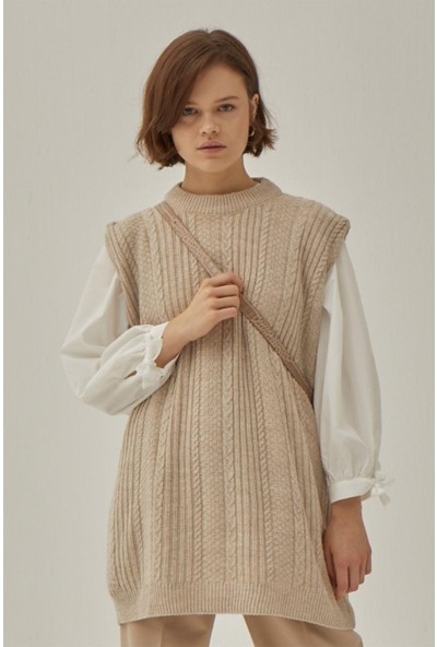 Suud Collection Bej Saç Örgülü Akrilik Süveter