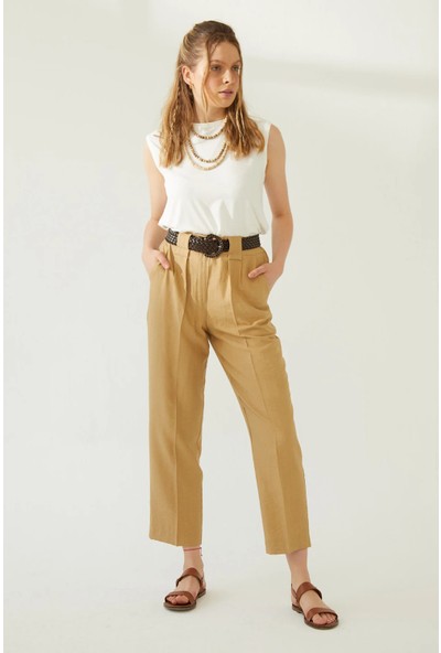 Suud Collection Camel Çift Pileli Keten Pantolon