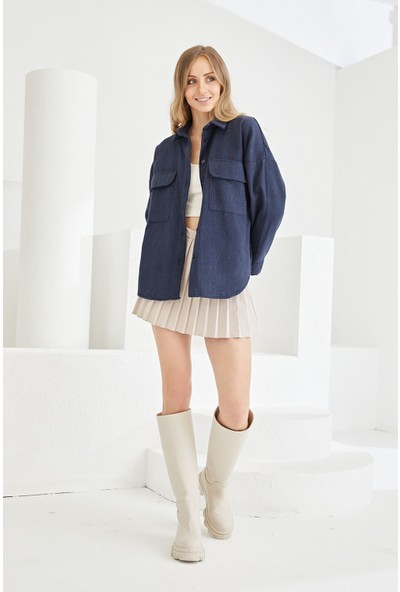 Lime Moda Çift Cep Detay Gömlek-Lacivert