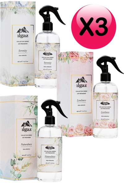 Ilgaz Collection 3'lü Oda Kokusu Seti Freshener Liveliness + Naturalness + Serenity 400 ml Oda Parfümü Ilgaz Collection 3'lü Oda Kokusu Seti Freshener Liveliness + Naturalness + Serenity 400 ml Oda Parfümü