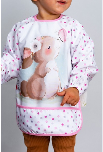 Mai Perla Flower And Rabbit Desenli Uzun Kollu Unisex Bebek Mama Önlüğü (Sıvı Gecirmez)