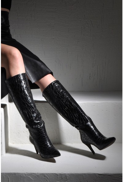 Vizon Ayakkabı Kadın Siyah Kroko Çizme VZN21K-010
