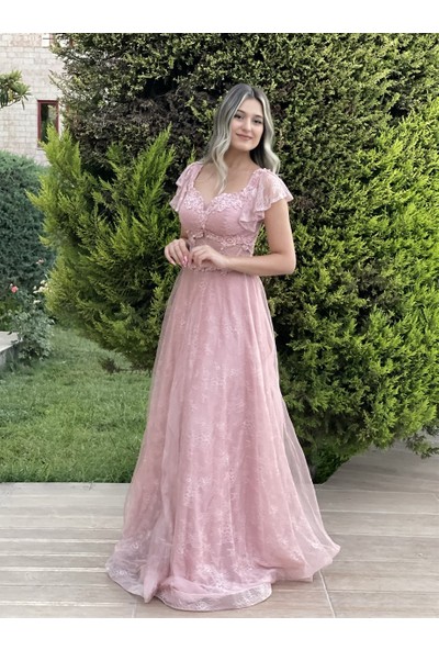 Kaleiçi Yıldızlar Kadın Abiye Pudra Tül Desenli EN4805