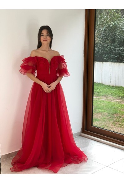 Kaleiçi Yıldızlar Kadın Abiye Kırmızı Tül Desenli JN1554 Kaleiçi Yıldızlar Kadın Abiye Kırmızı Tül Desenli JN1554