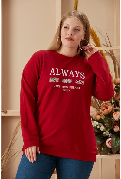 Rmg Baskılı Büyük Beden Bordo Sweatshirt