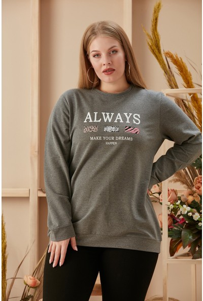 Rmg Baskılı Büyük Beden Antrasit Sweatshirt
