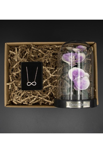 İlgimi Çekiyor Sonsuzluk Kolye ve Kişiye Özel Orkideli Fanus Hediye Seti