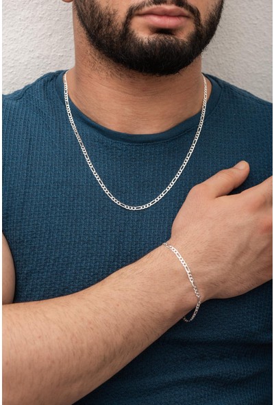 inDubaiSilver 925 Ayar Gümüş Erkek Figaro 55 cm Zincir Kolye Bileklik 21CM Set DBSE-SLVR0028