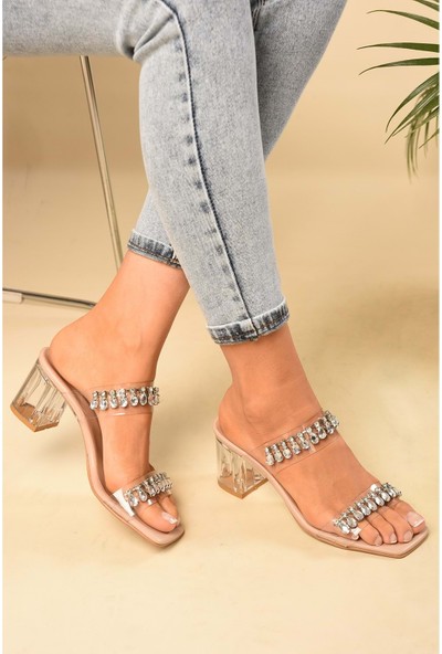 Shoeberry Kadin Ten Seffaf Tasli Bantli Topuklu Terlik