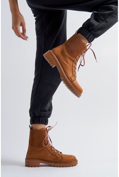 Maya Shoes Maya Kadın Taba Süet Bağcıklı Bot