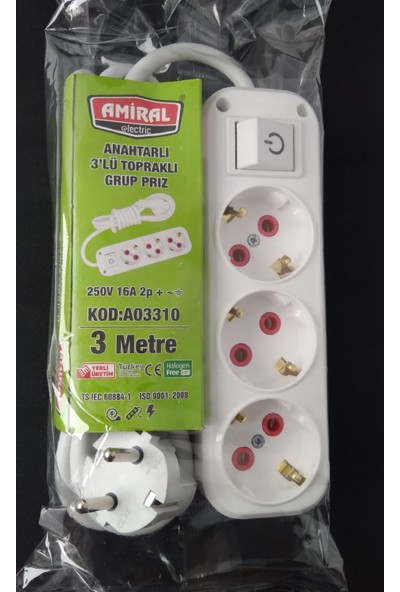 Amiral 3 Metre Anahtarlı 3'lü Priz