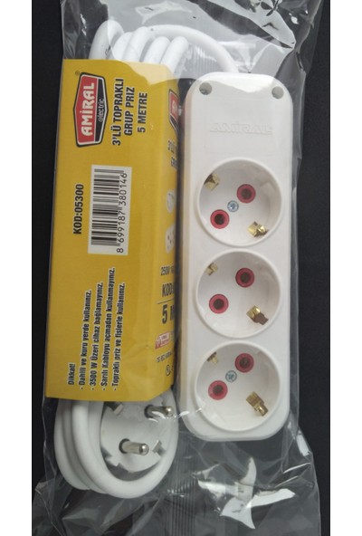 Amiral 5 Metre Ara Kablosu 3'lü Grup Priz Uzatma