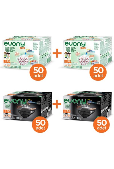 EVONY 2 Paket Çocuk 50'li + 2 Paket Siyah 50'li Maske