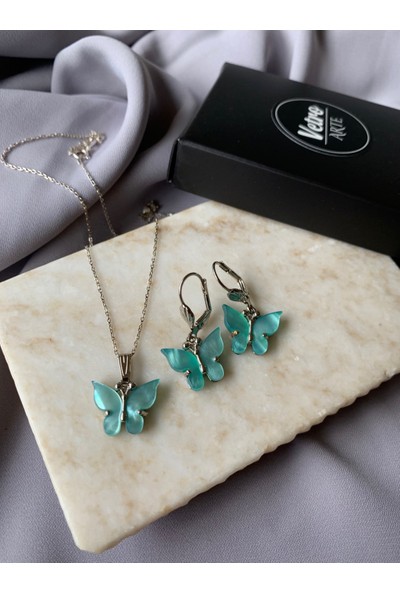 Vetro Arte 925 Ayar Gümüş Zincirli Kelebek Kolye Küpe Set
