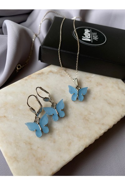 Vetro Arte 925 Ayar Gümüş Zincirli Kelebek Kolye Küpe Set