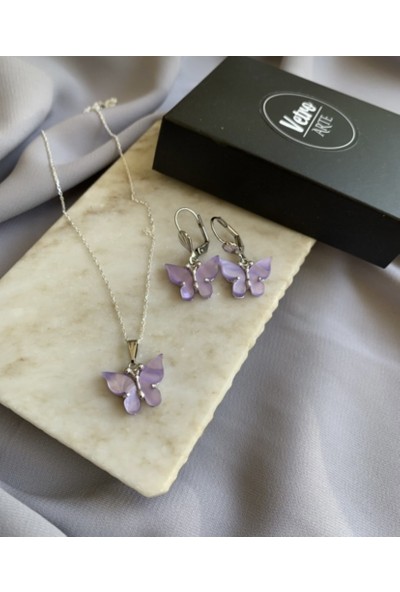 Vetro Arte 925 Ayar Gümüş Zincirli Kelebek Kolye Küpe Set