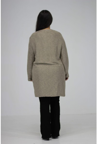 Truva Xxl Büyük Beden Kadın Örgü Kahverengi Uzun Hırka HR116