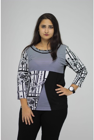 Truva Xxl Büyük Beden Kadın Siyah Beyaz Şerit ve Çiçek Desenli Penye Yuvarlak Yaka Bluz BZ505 Truva Xxl Büyük Beden Kadın Siyah Beyaz Şerit ve Çiçek Desenli Penye Yuvarlak Yaka Bluz BZ505