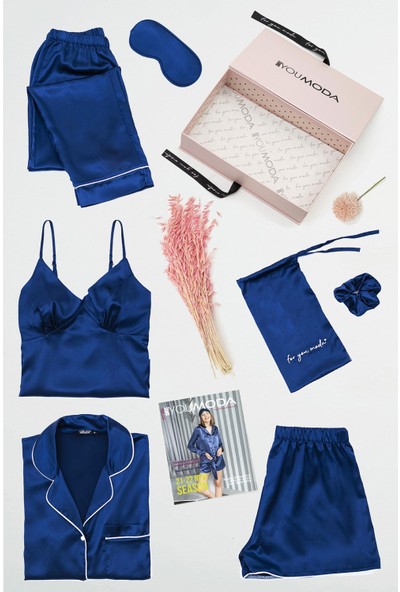 For You Moda Kadın Saten 7 Li Büstiyerli Mavi Pijama Takımı For You Moda Kadın Saten 7 Li Büstiyerli Mavi Pijama Takımı