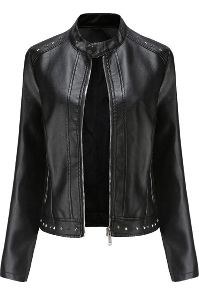 Gemdeck Perçinli Kadın Günlük Ayaklı Yaka Dar Kesim Deri Ceket (Yurt Dışından)