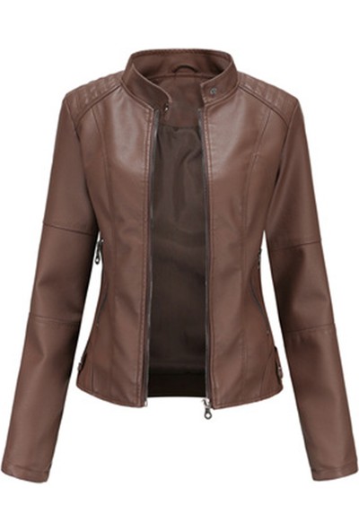 Gemdeck Kadın Slim Fit Stand Yaka Deri Ceket Ince Ceketi (Yurt Dışından) Gemdeck Kadın Slim Fit Stand Yaka Deri Ceket Ince Ceketi (Yurt Dışından)