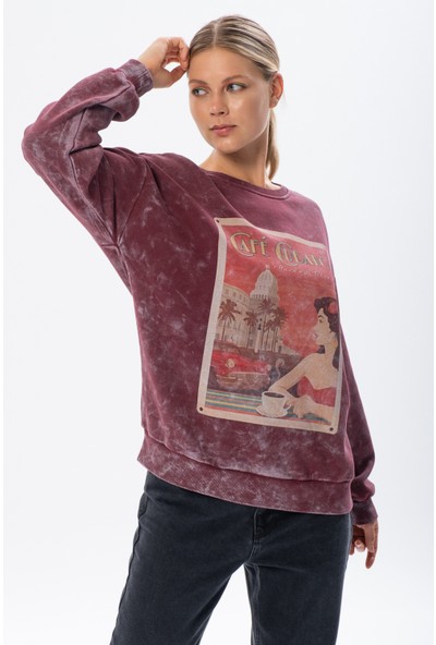 Flamenco Kadın Bordo Eskitme Görünümlü 'cafe Cubabo' Baskılı Sweatshirt