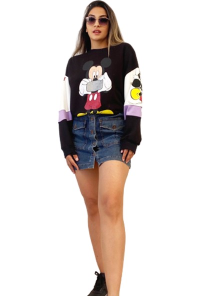 Mickey Mouse Siyah Renkli Baskı Üst Standart Beden Sweatshirt