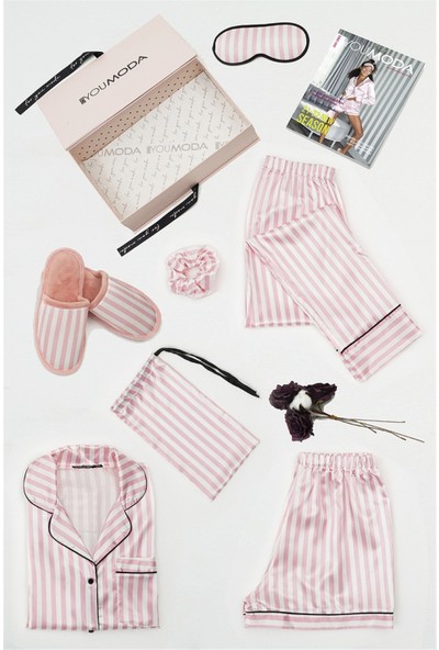 For You Moda Kadın Saten 6 Lı Pembebeyaz Çizgili Pijama Takımı For You Moda Kadın Saten 6 Lı Pembebeyaz Çizgili Pijama Takımı