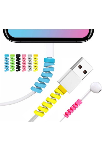 Ozan Tuhafiye Şarj Kablo Koruyucu USB Koruyucu Silikon Spiral 6'lı Paket