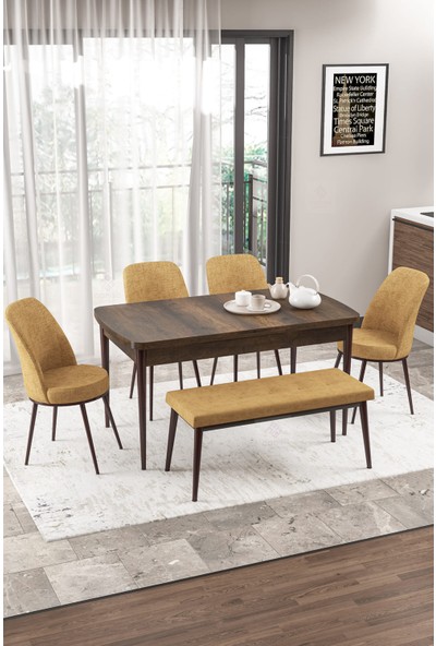 Canisa Concept Canisa Via Serisi Bench'li 80X132 Açılabilir Barok Ahşap Desenli Mutfak Masa Takımı
