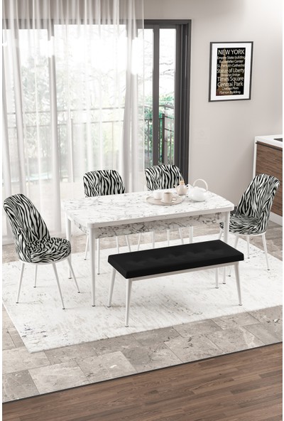 Canisa Concept Canisa Via Serisi Bench'li 80X132 Açılabilir Beyaz Mermer Desen Mutfak Masa Takımı Canisa Concept Canisa Via Serisi Bench'li 80X132 Açılabilir Beyaz Mermer Desen Mutfak Masa Takımı